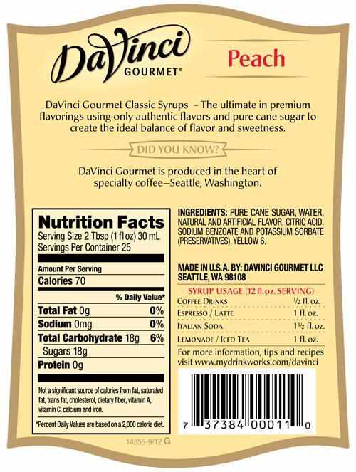Peach DaVinci Gourmet Syrup Bottle - 750mL | Coffee Shop Supplies ...
